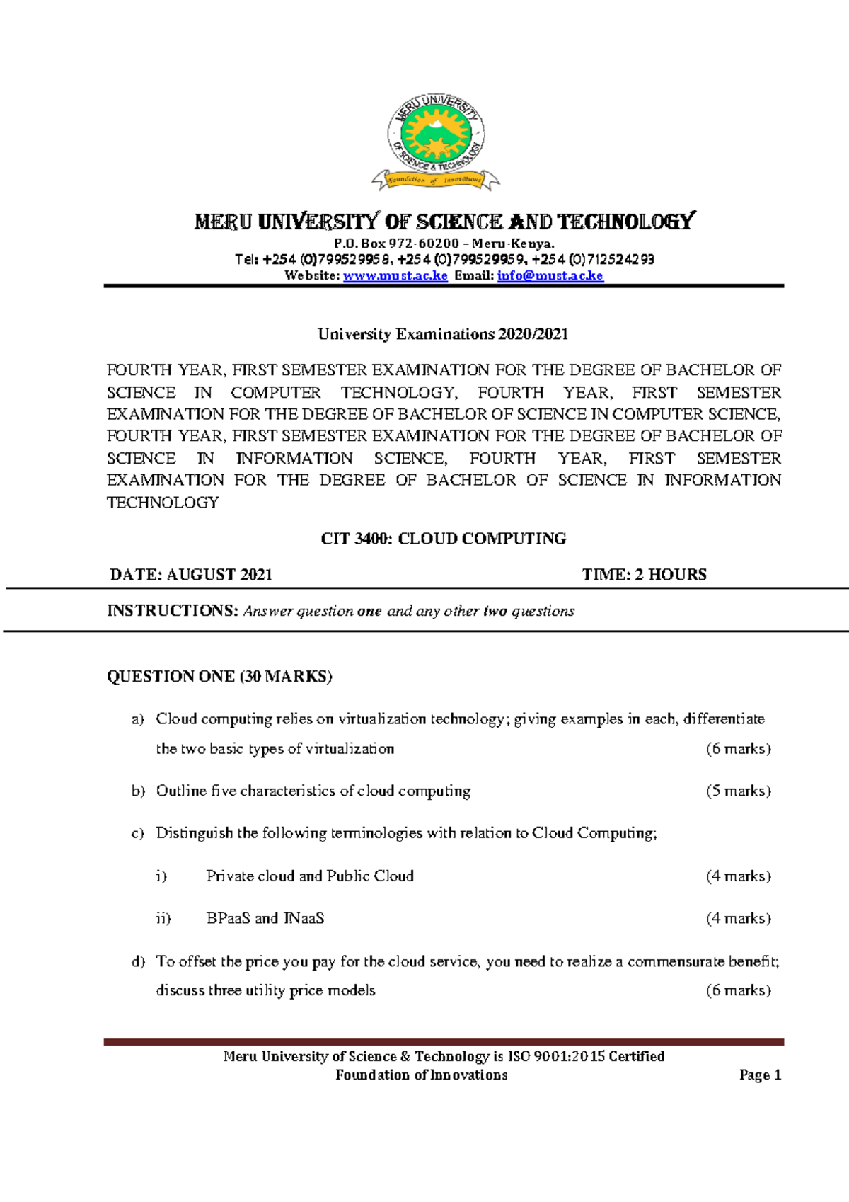 CIT 3400 Cloud Computing 2 - Meru University of Science & Technology is ISO 9001:2015 Certified ...