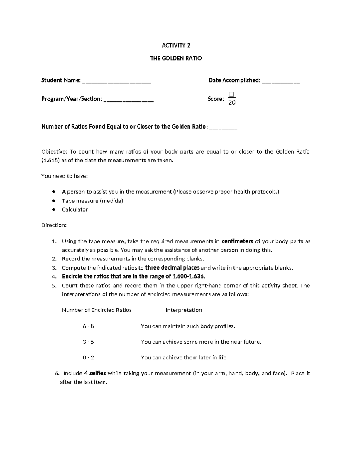 SPOC 2 Activity 2 Golden Ratio - ACTIVITY 2 THE GOLDEN RATIO Student ...