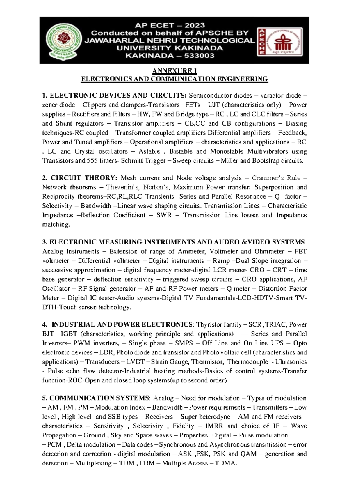 Apecet 2023 Electronics AND Communication Engineering - ANNEXURE I ELECTRONICS AND COMMUNICATION ...