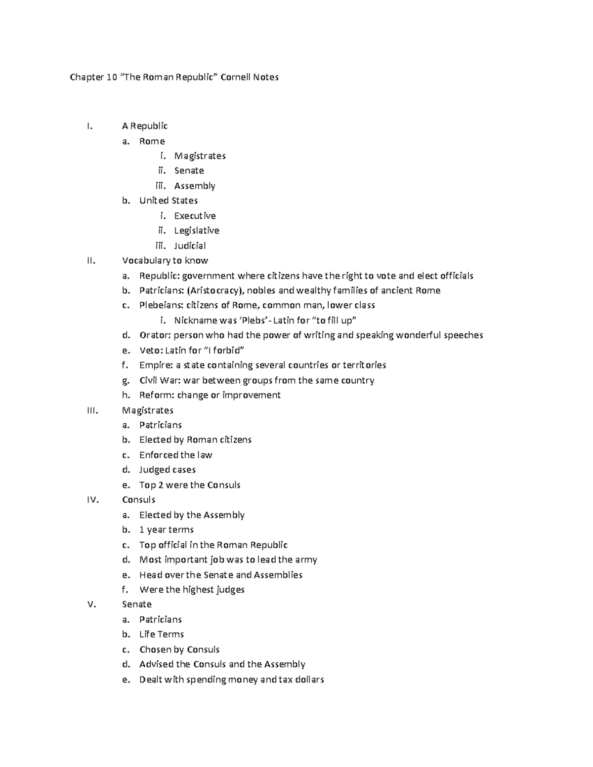 Chapter 10 The Roman Republic Cornell Notes - Chapter 10 “The Roman ...