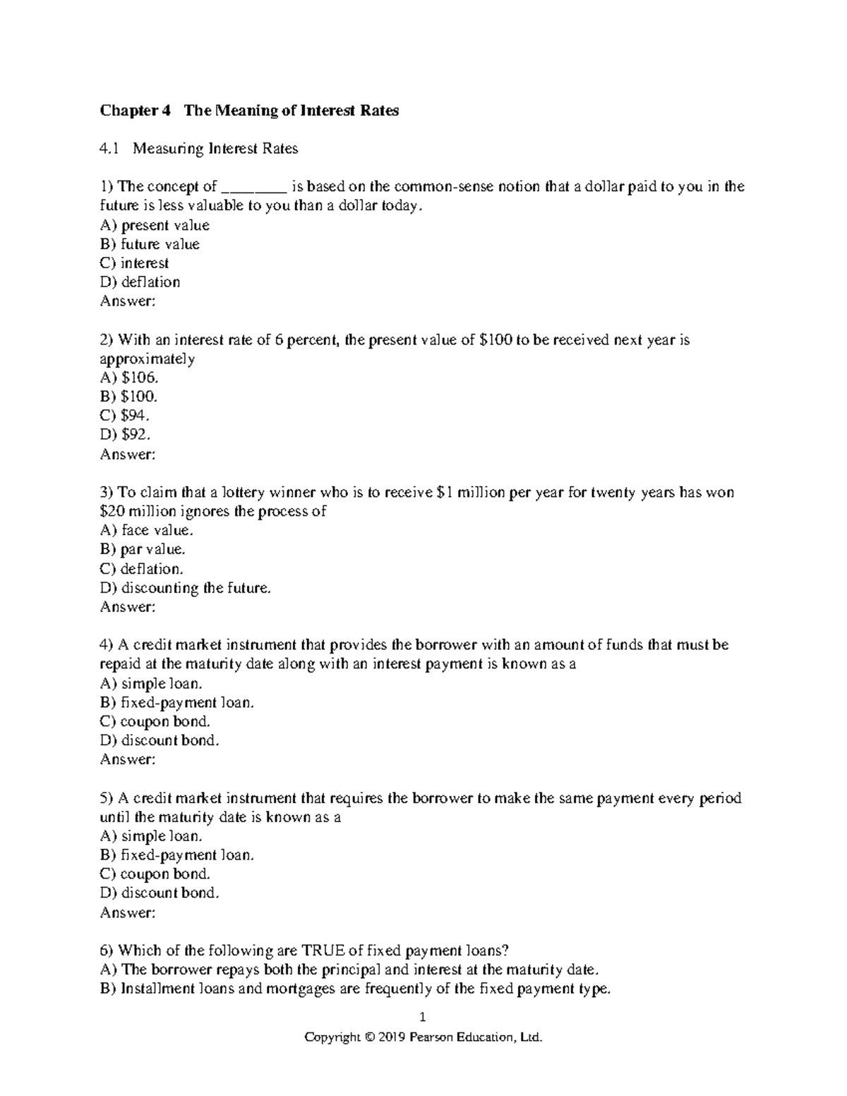 Test bank ch04 Question - 1 Chapter 4 The Meaning of Interest Rates 4 ...