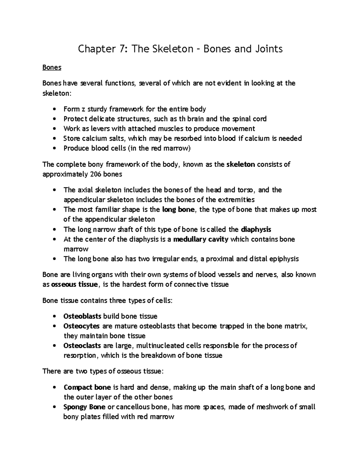 Anatomy Notes (skeletal system) - Chapter 7: The Skeleton Bones and ...