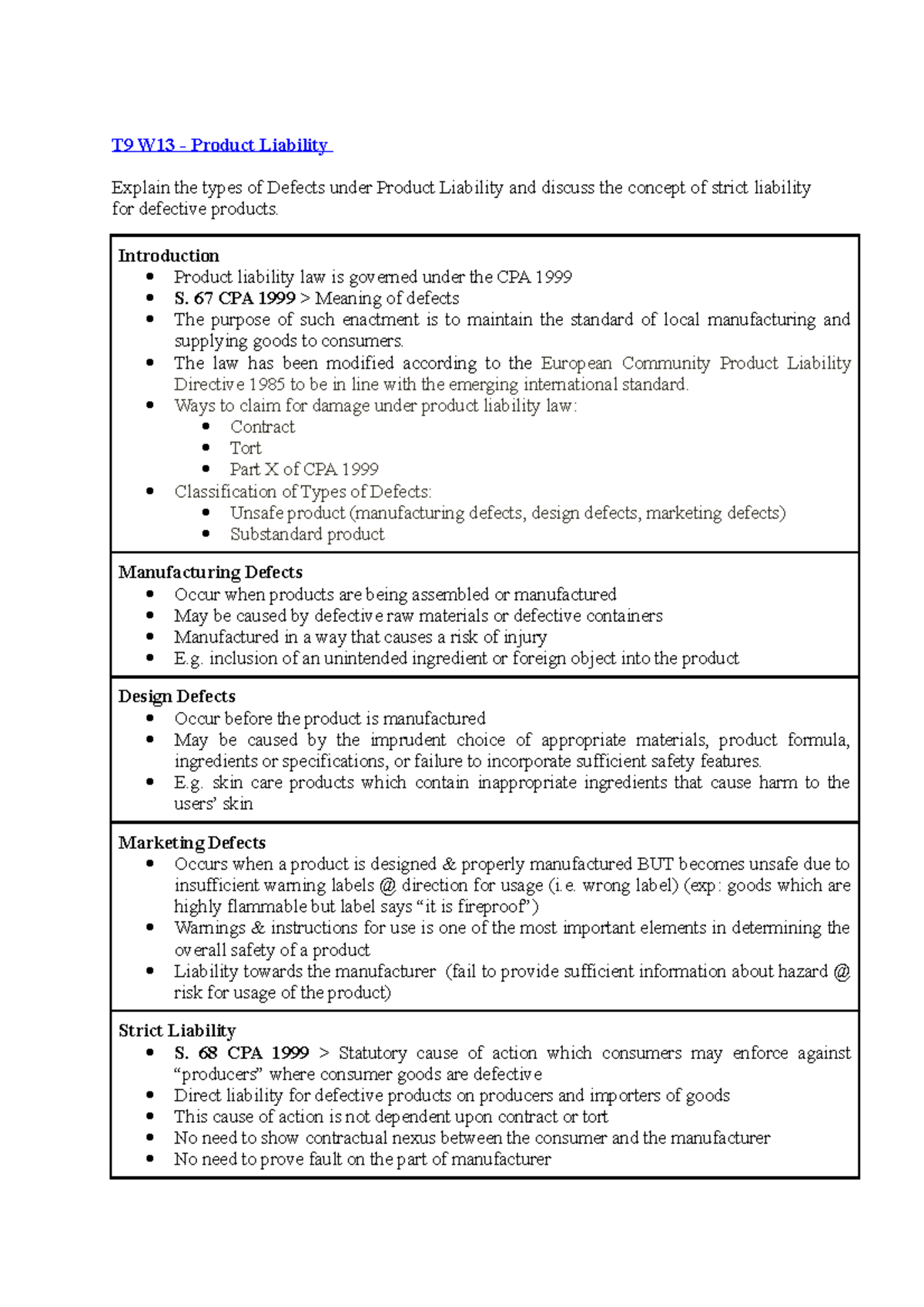 Product Liability - note - T9 W13 - Product Liability Explain the types ...