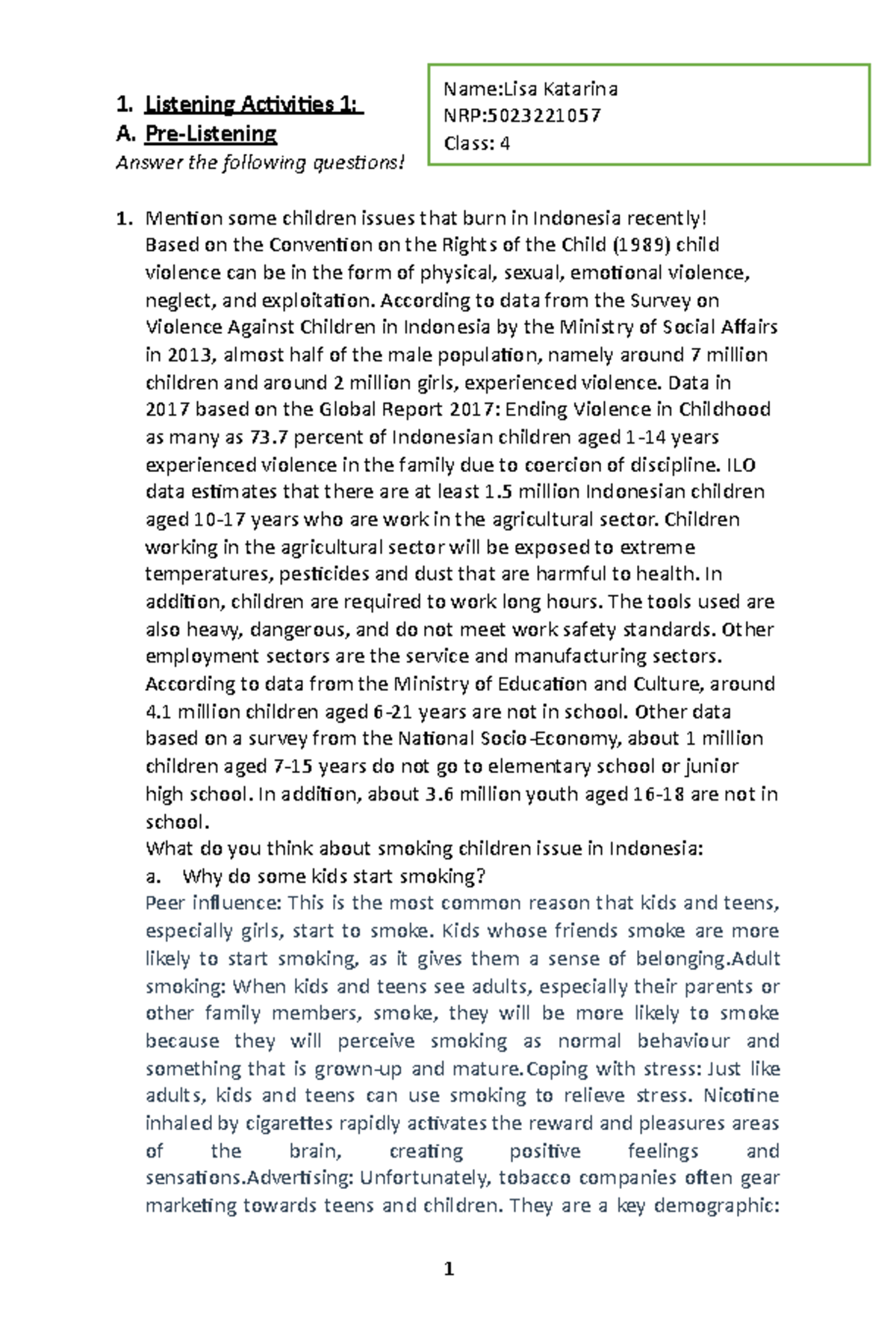Working Sheet Listening Activity Note taking - 1. Listening Activities ...