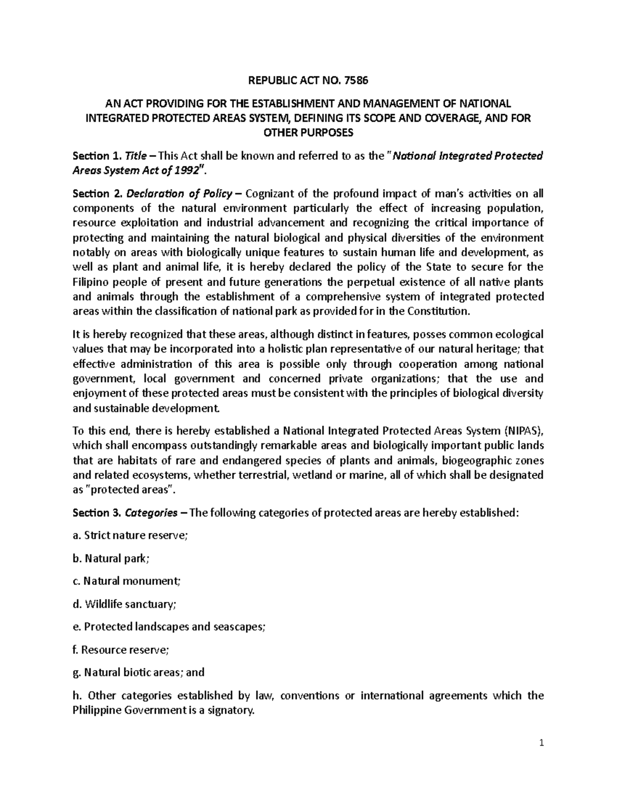 20 R.A. 7586 National Integrated Protected Areas System of 1992 ...