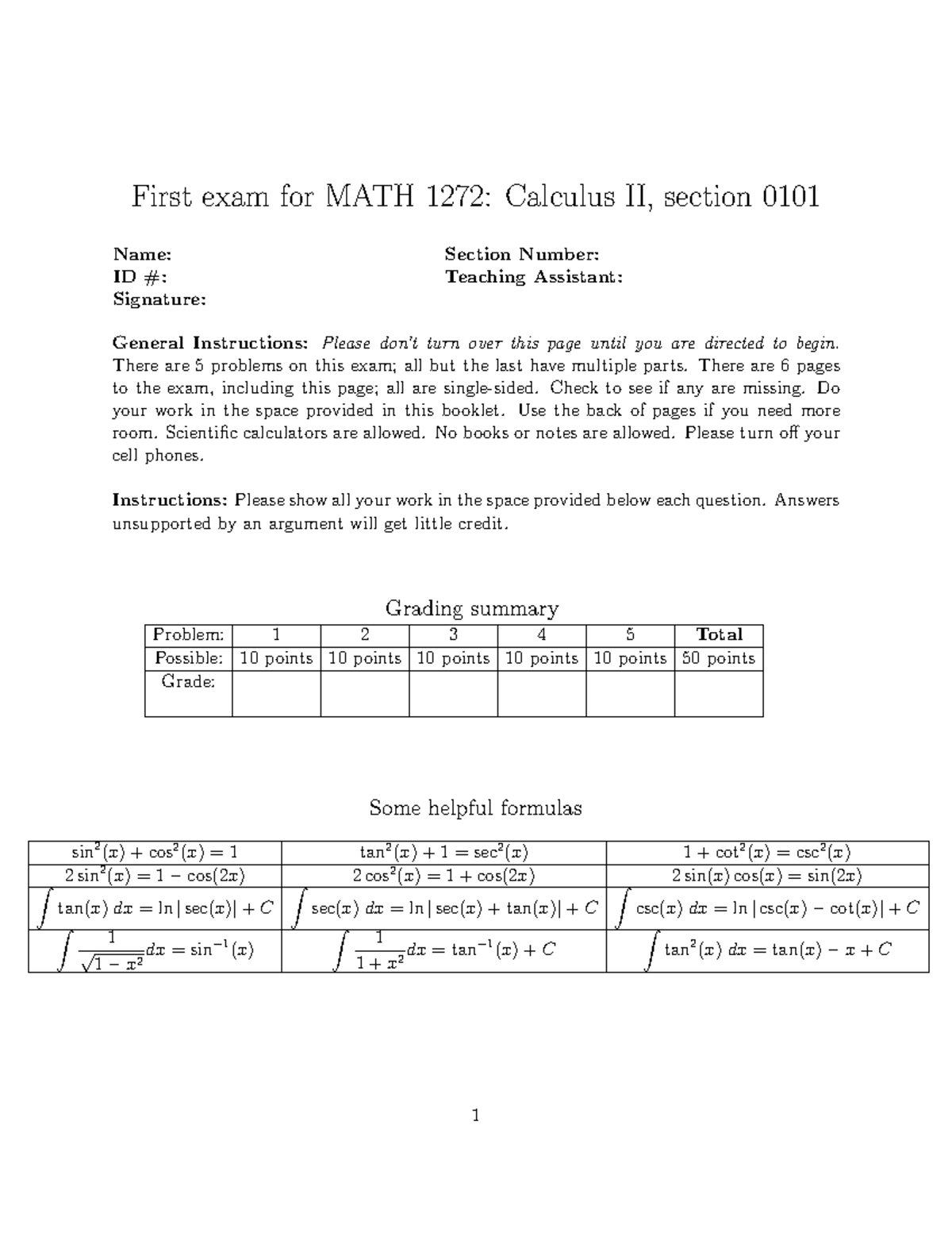 Practice Midterm 2 First Exam For MATH 1272 Calculus II Section