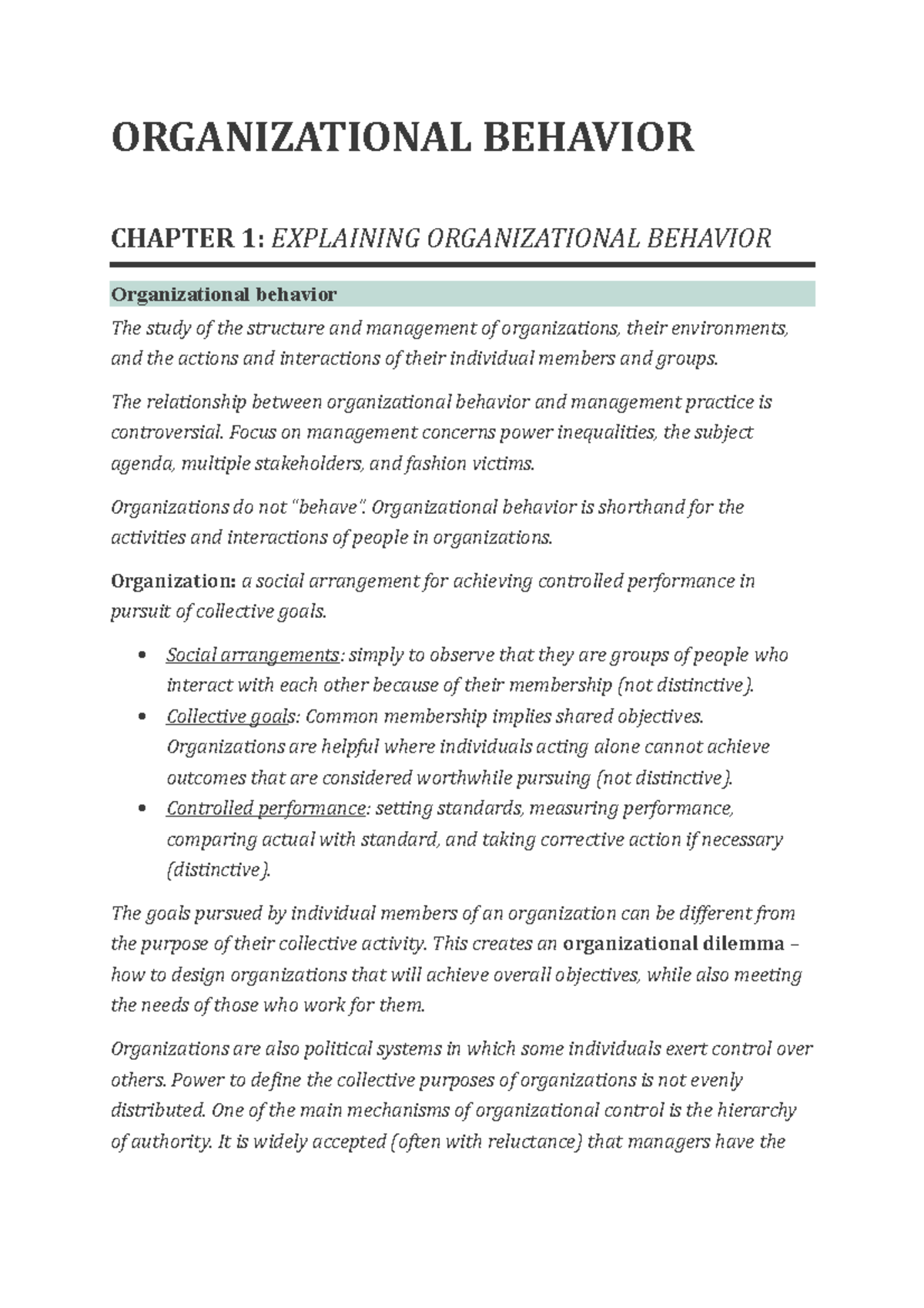 Summary chapter 1 - ORGANIZATIONAL BEHAVIOR CHAPTER 1: EXPLAINING ...