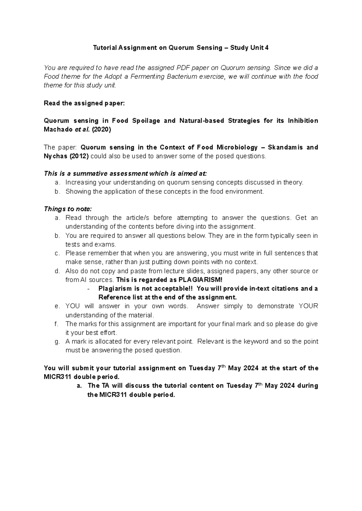 MICR311 Tutorial 4 Study UNIT 4 - Tutorial Assignment on Quorum Sensing – Study Unit 4 You are ...