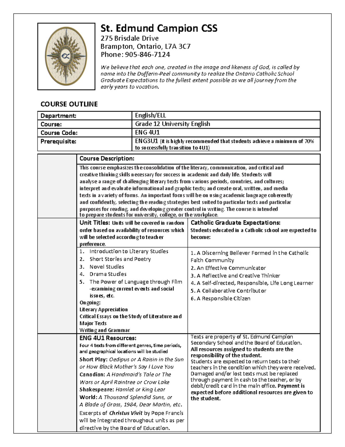 Catholic Course Outline - 4U1 - 2020 - St. Edmund Campion CSS 275 ...