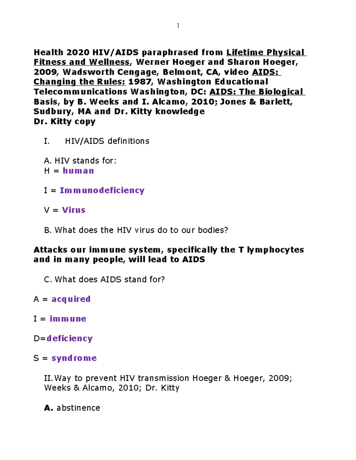 HIV & AIDS - HLTH - 1 Health 2020 HIV/AIDS paraphrased from Lifetime ...