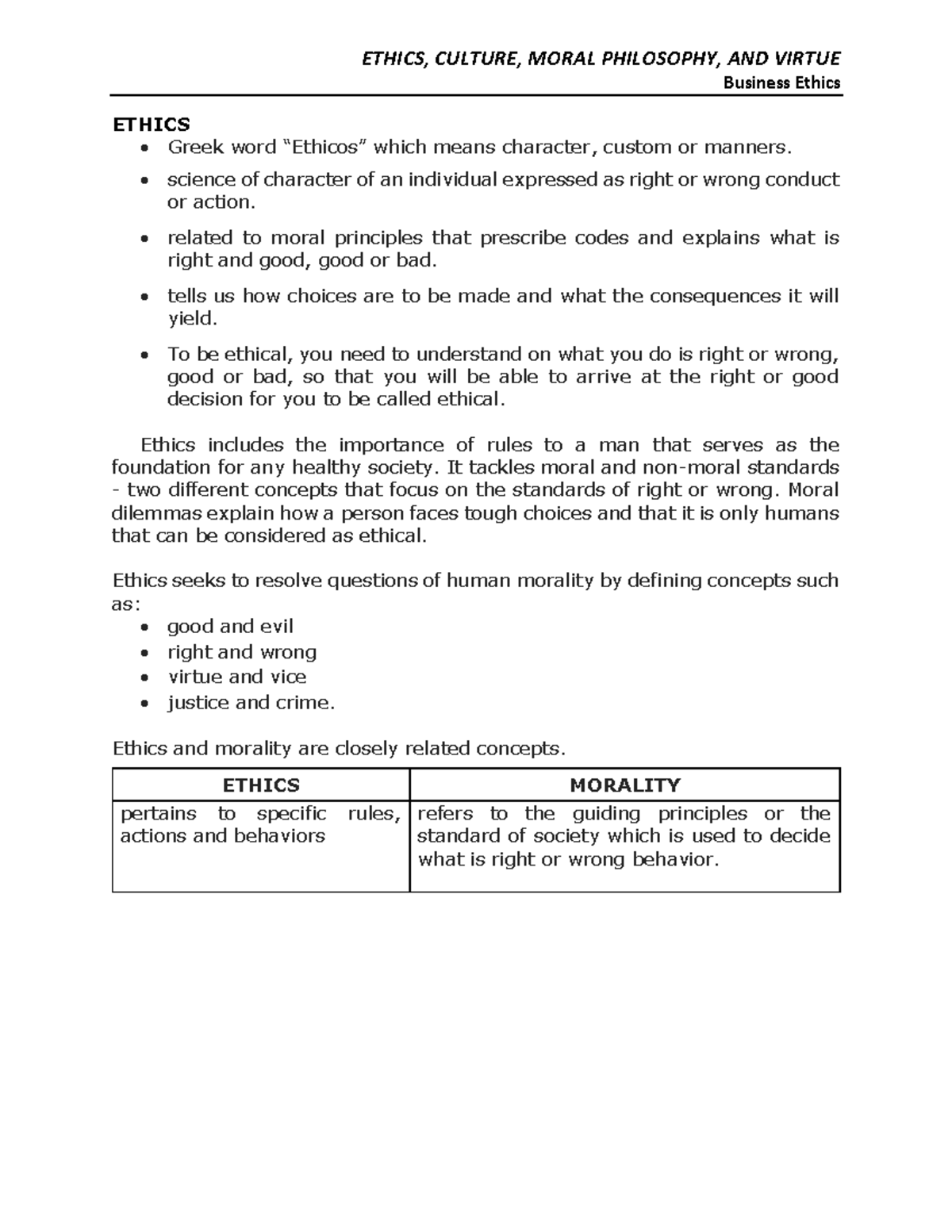 (Business Ethics) Notes on Ethics, Culture, Moral Philosophy, and ...