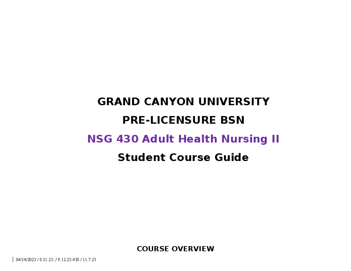 NSG-430 Student Course Guide - GRAND CANYON UNIVERSITY PRE-LICENSURE ...