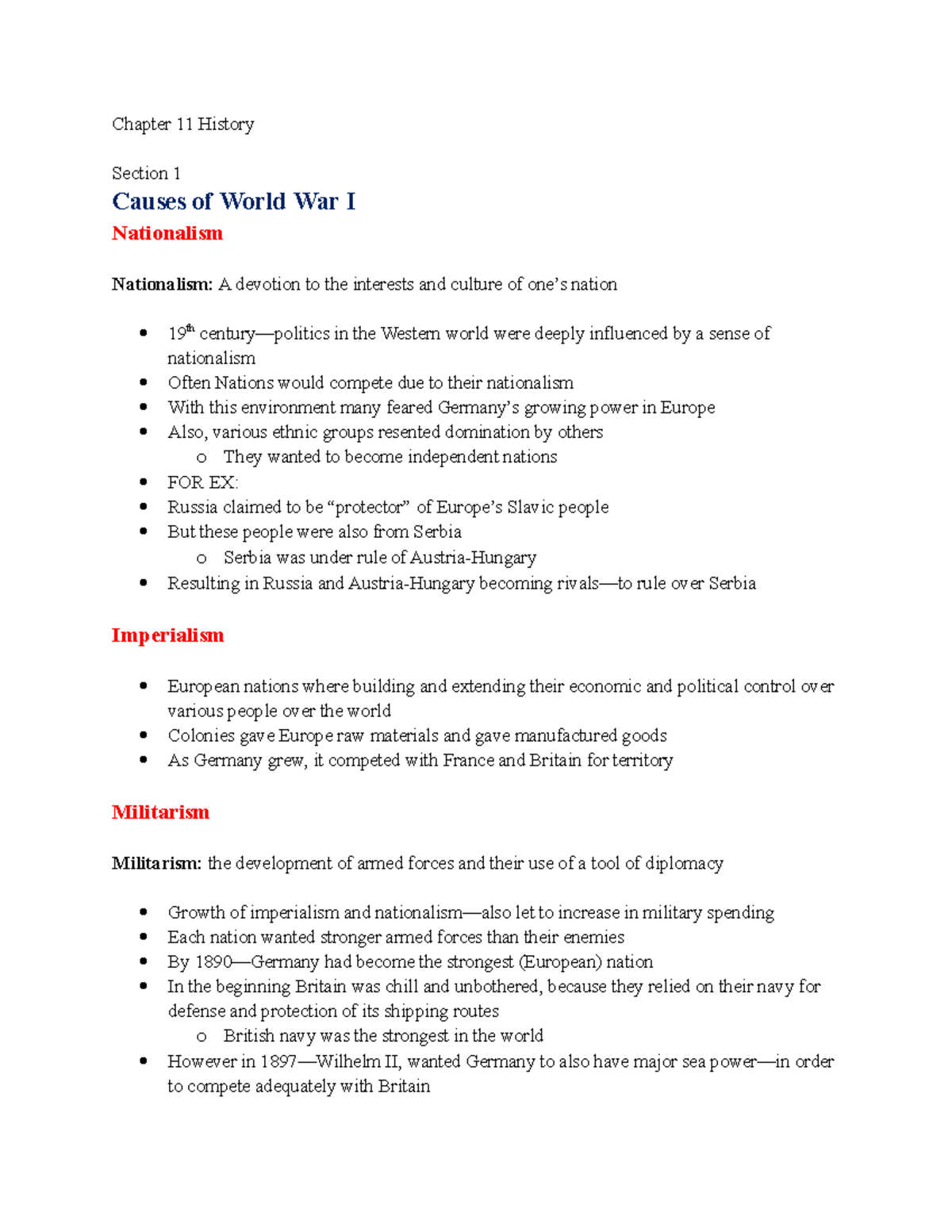 Chapter 11 History notes - Chapter 11 History Section 1 Causes of World ...