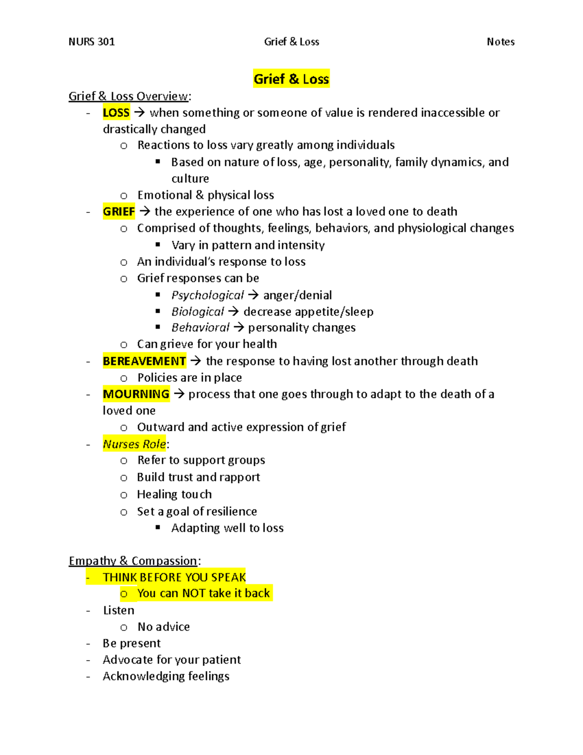 Grief and Loss Outline Notes - Grief & Loss Grief & Loss Overview ...