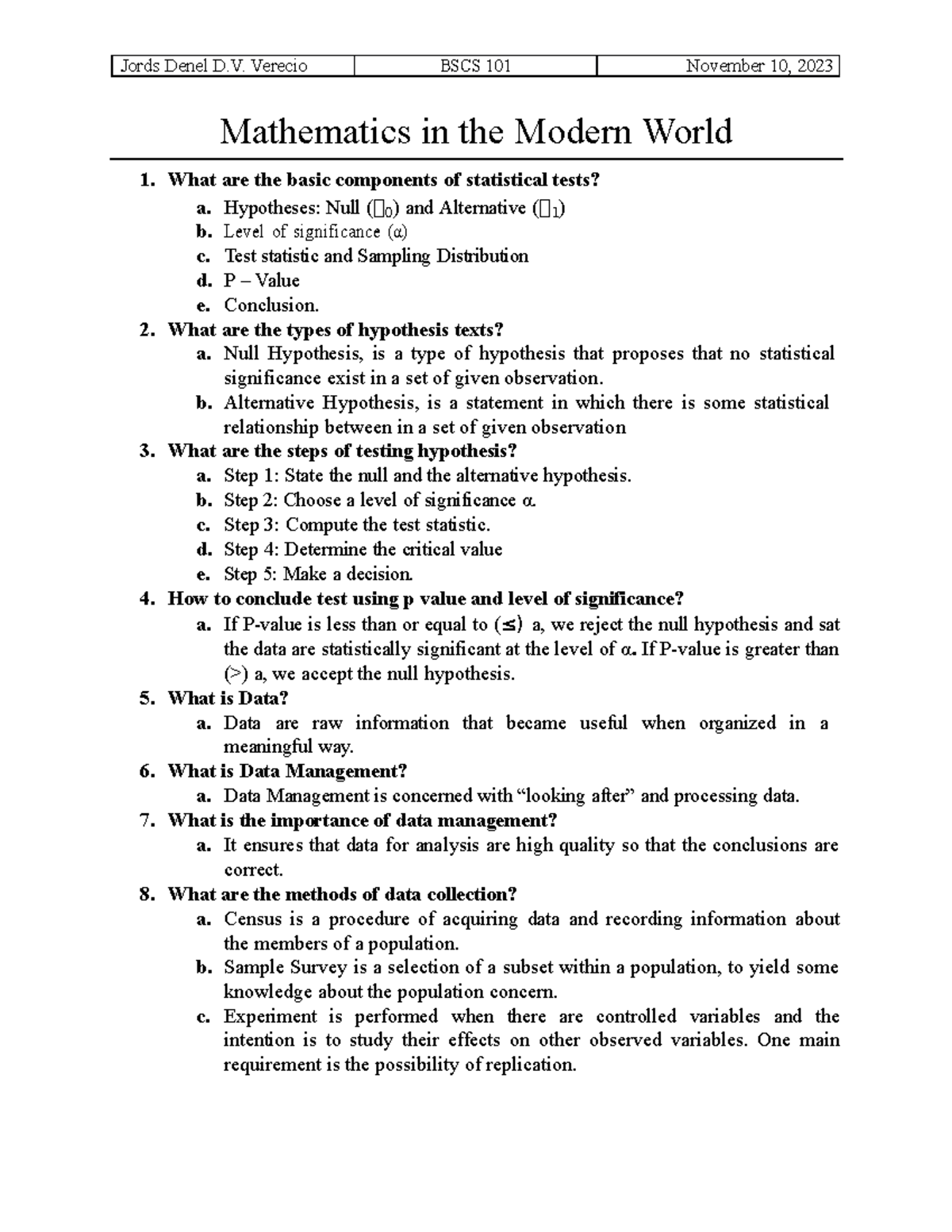 Data Management Pre Final - Mathematics in the Modern World 1. What are ...