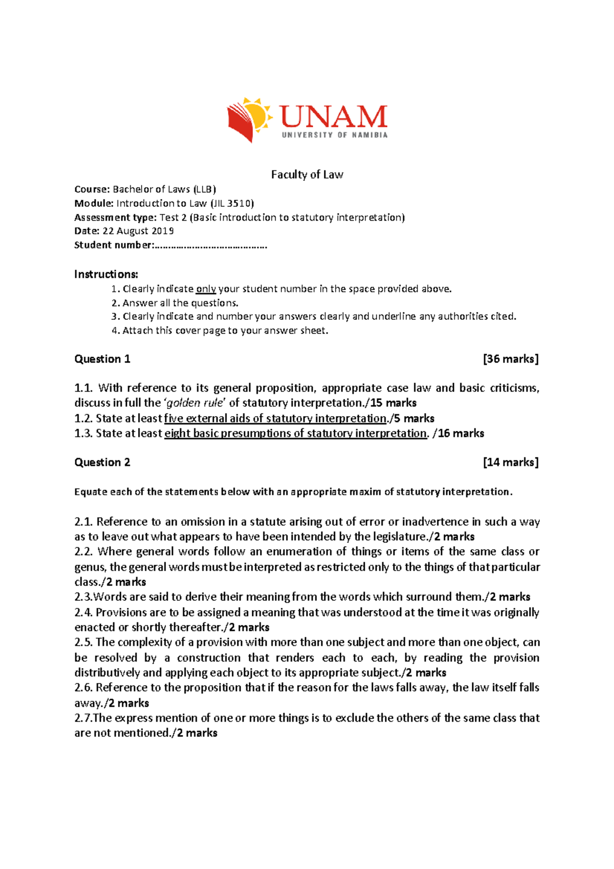 Test 2 Introduction to Law-1 - Faculty of Law Course: Bachelor of Laws ...