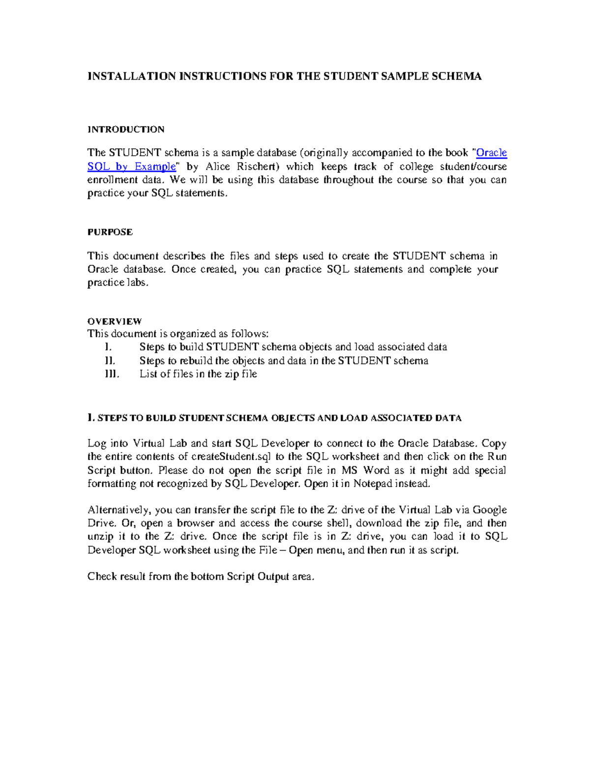 INSTALLATION INSTRUCTIONS FOR THE STUDENT SAMPLE SCHEMA - INSTALLATION ...