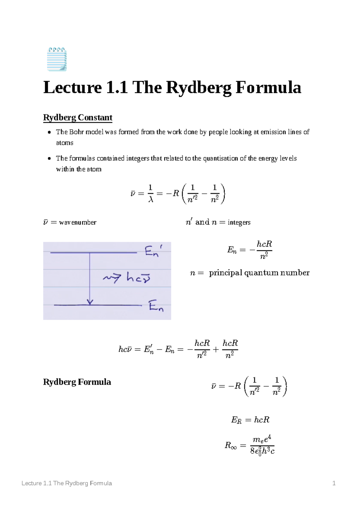 From Atoms to Lasers Lecture Notes - Lecture 1 The Rydberg Formula 1 🗒 ...