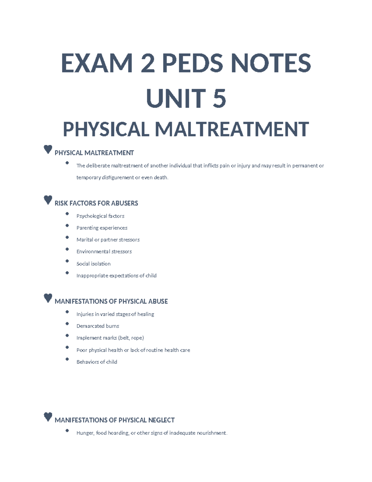 EXAM 2 PEDS Notes - EXAM 2 PEDS NOTES UNIT 5 PHYSICAL MALTREATMENT ...