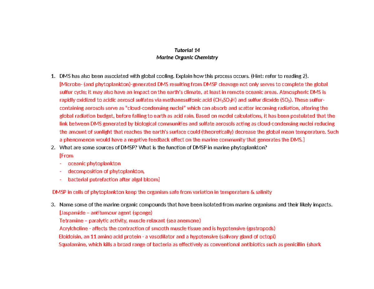 Week 14 answers - xxxxxxxxxxxxxxxxxxxxx - Tutorial 14 Marine Organic ...