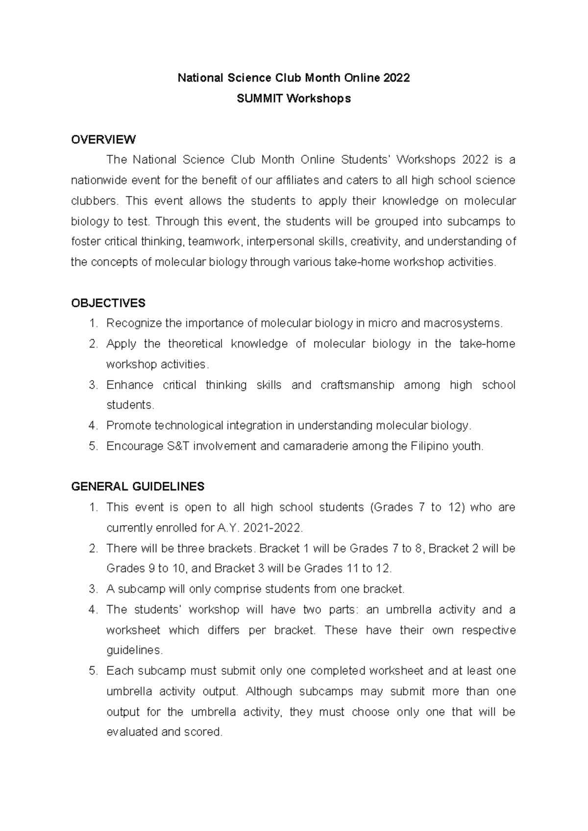 Students' Workshops Guidelines - National Science Club Month Online ...