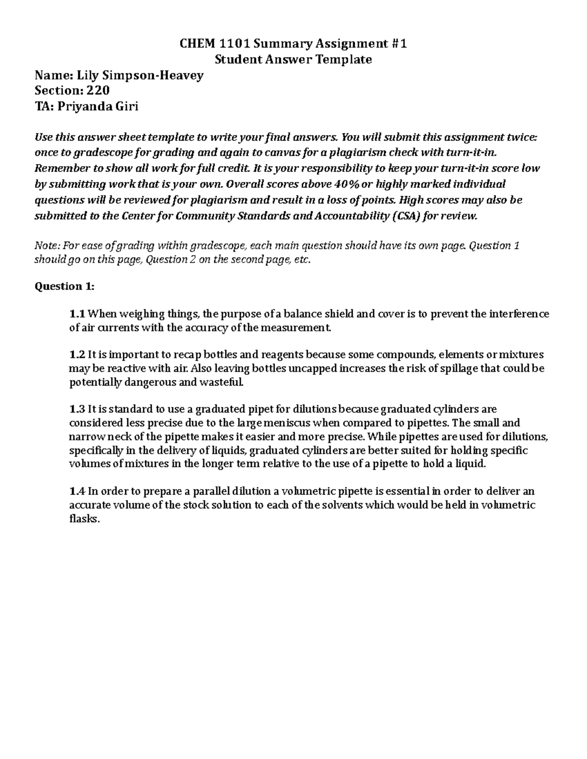 Summary Assignment 1 - CHEM 1101 Summary Assignment Student Answer ...