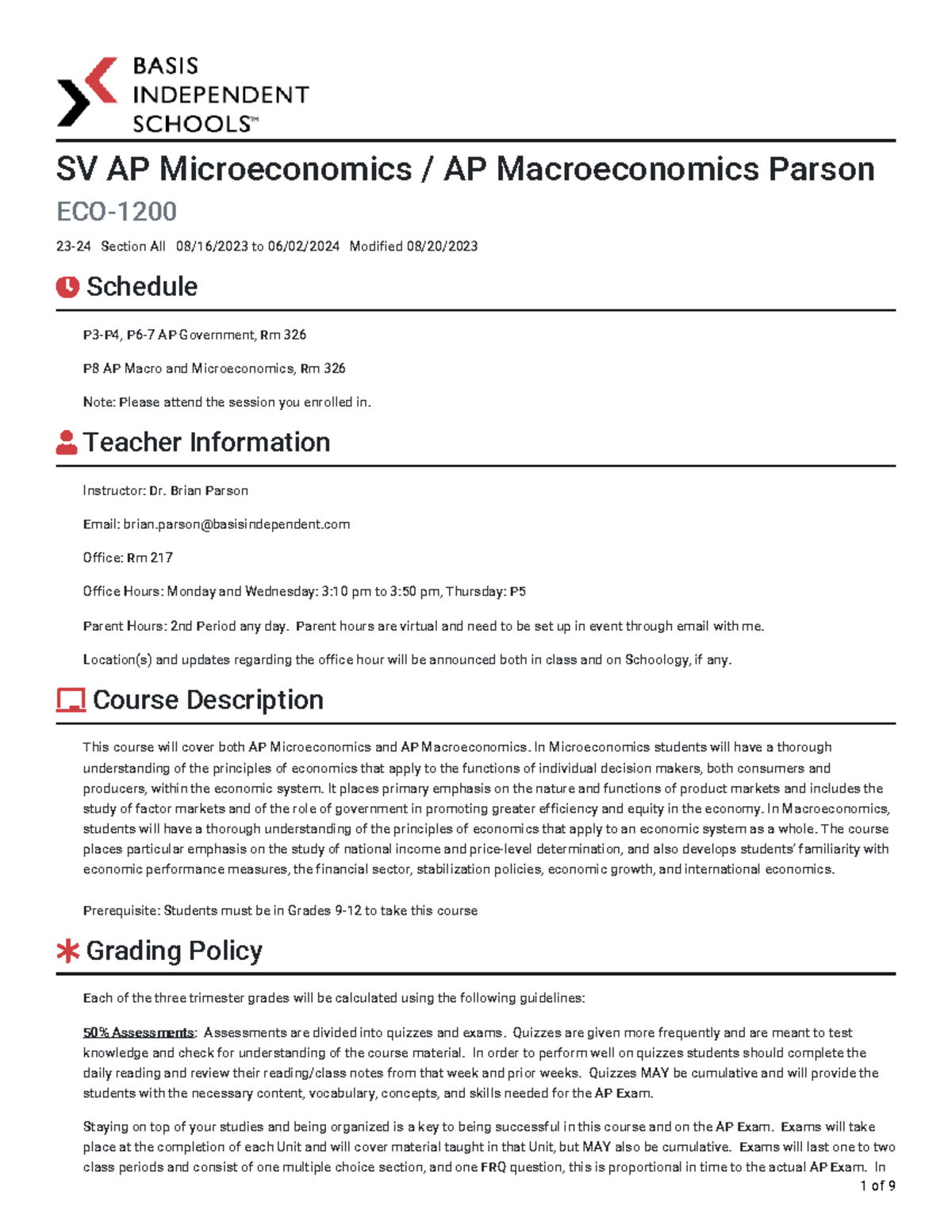 SV AP Microeconomics AP Macroeconomics Parson ECO 1200 23 24 - Schedule ...