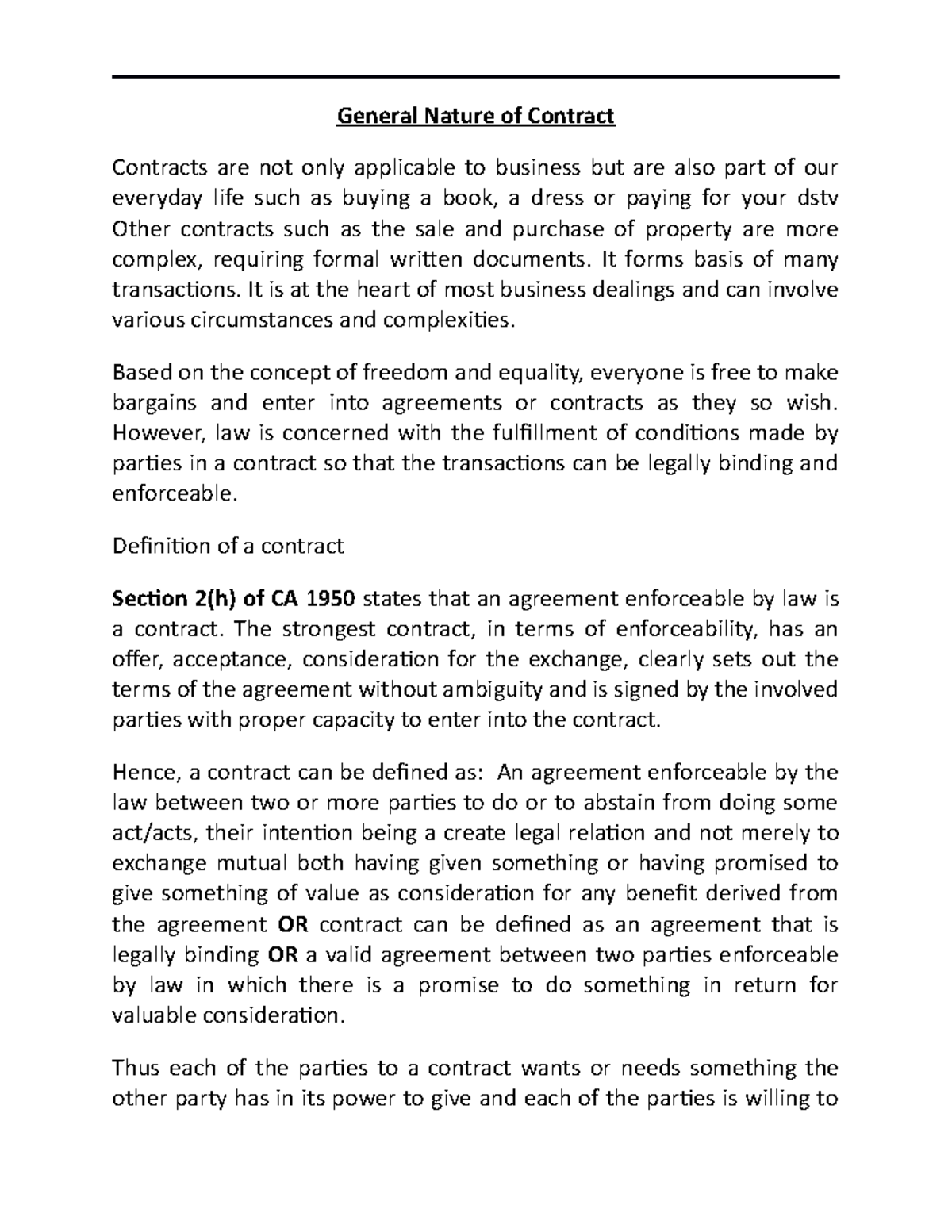 Summary - General nature of contract (by barrister demilade) - General ...