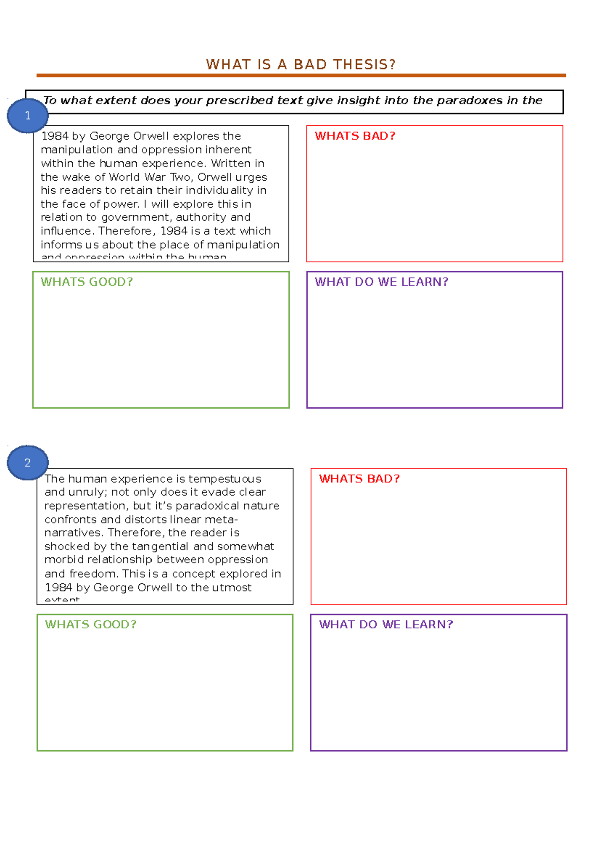 Worksheet - BAD Thesis HSC - WHAT IS A BAD THESIS? The human experience ...