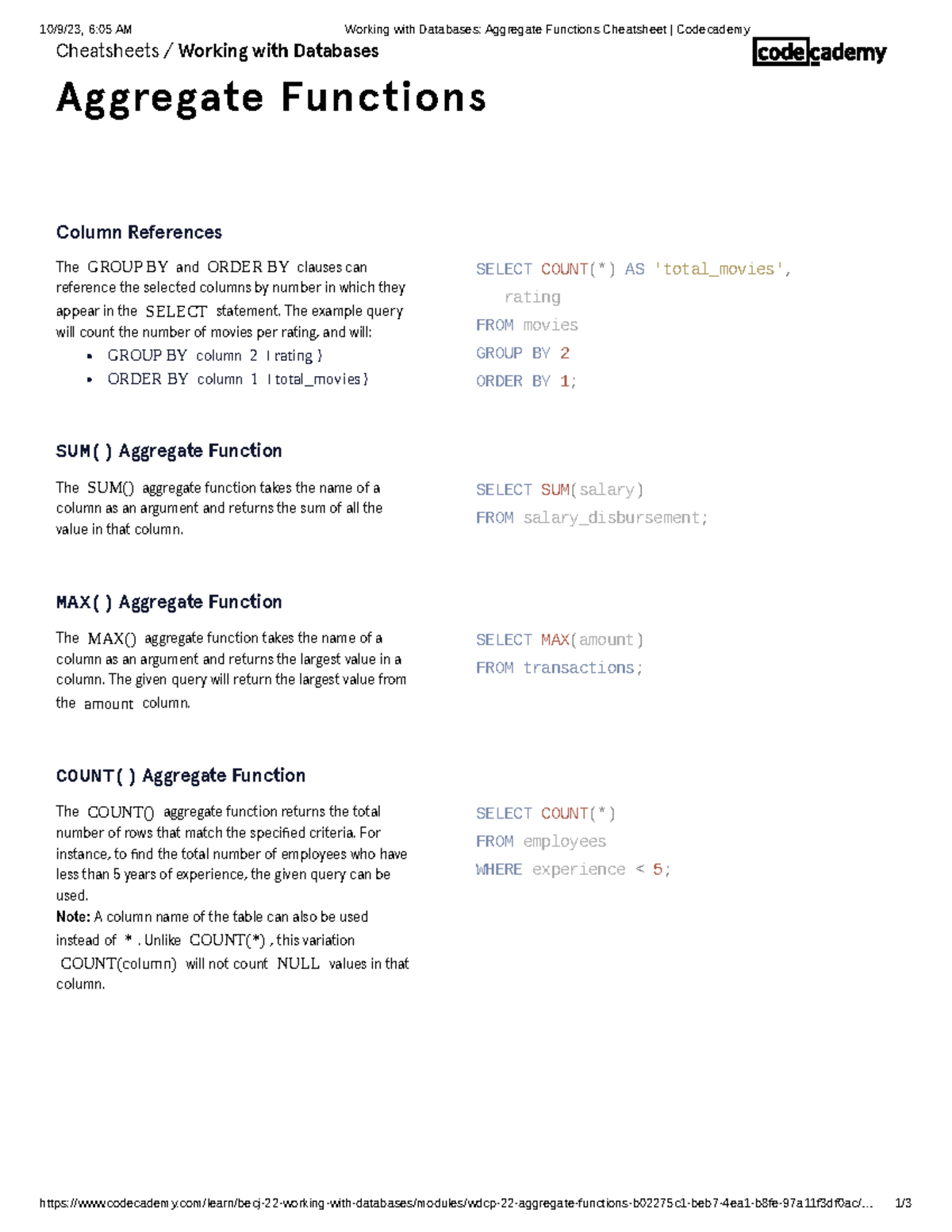 Working With Databases Aggregate Functions Cheatsheet Codecademy 10923 605 Am Working With