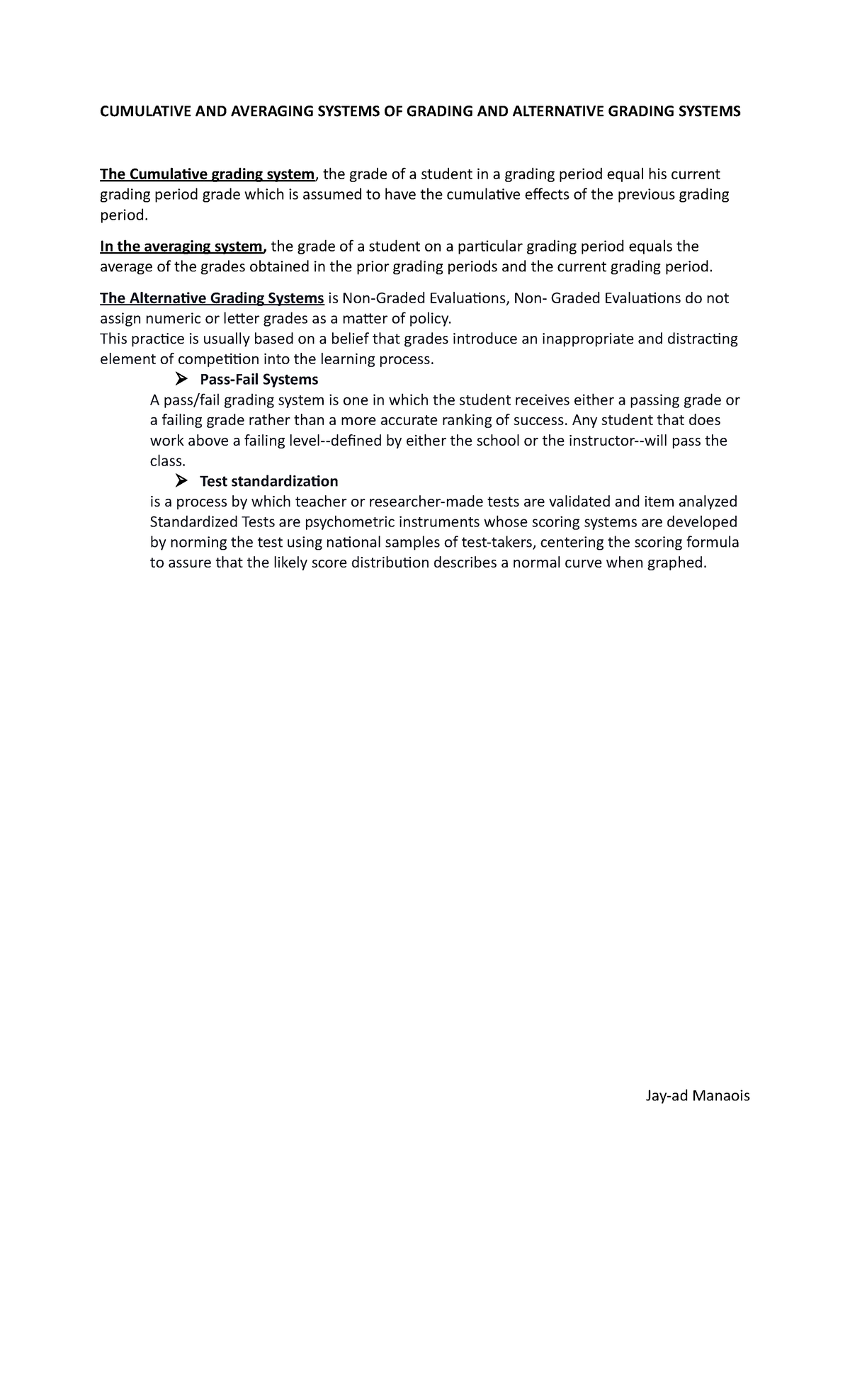 Cumulative And Averaging Systems Of Grading And Alternative Grading Systems Bs Education