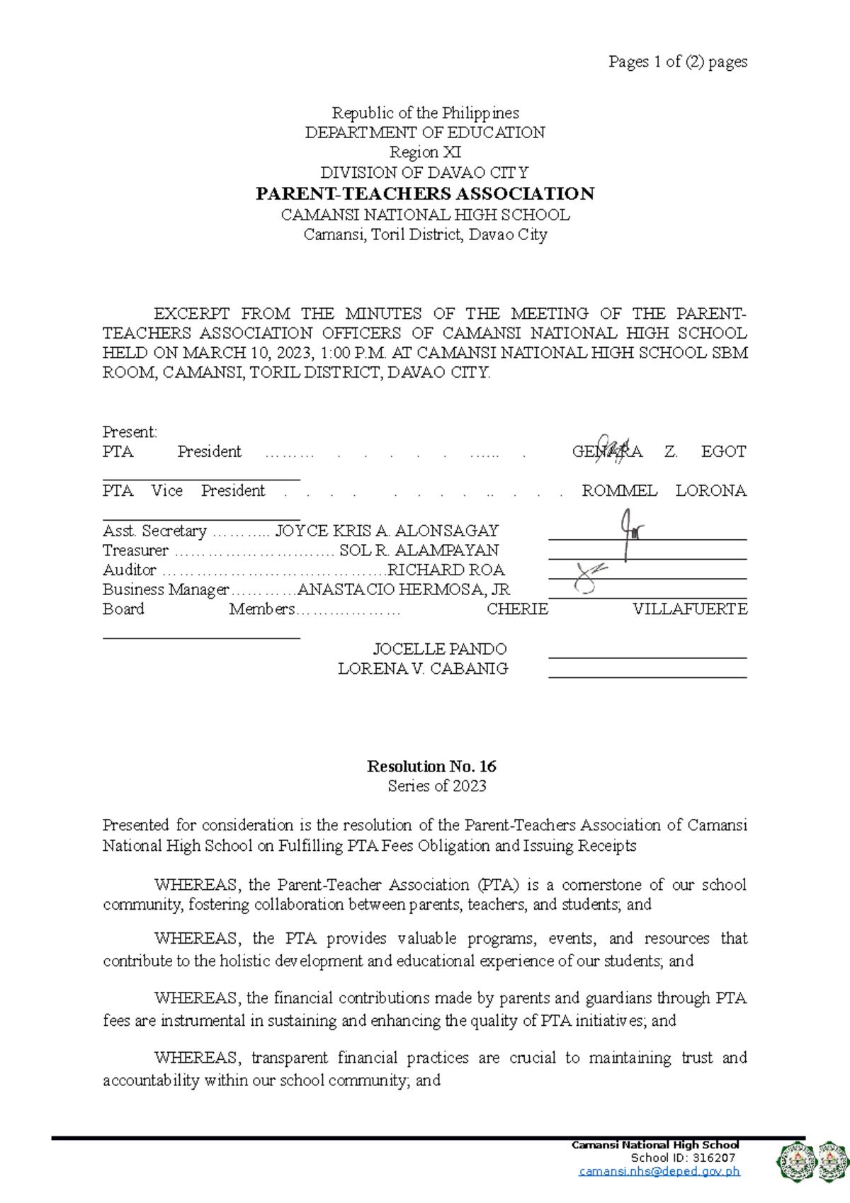 Resolution No. 16s. 2023 Fulfilling PTA Fees Obligation and Issuing ...