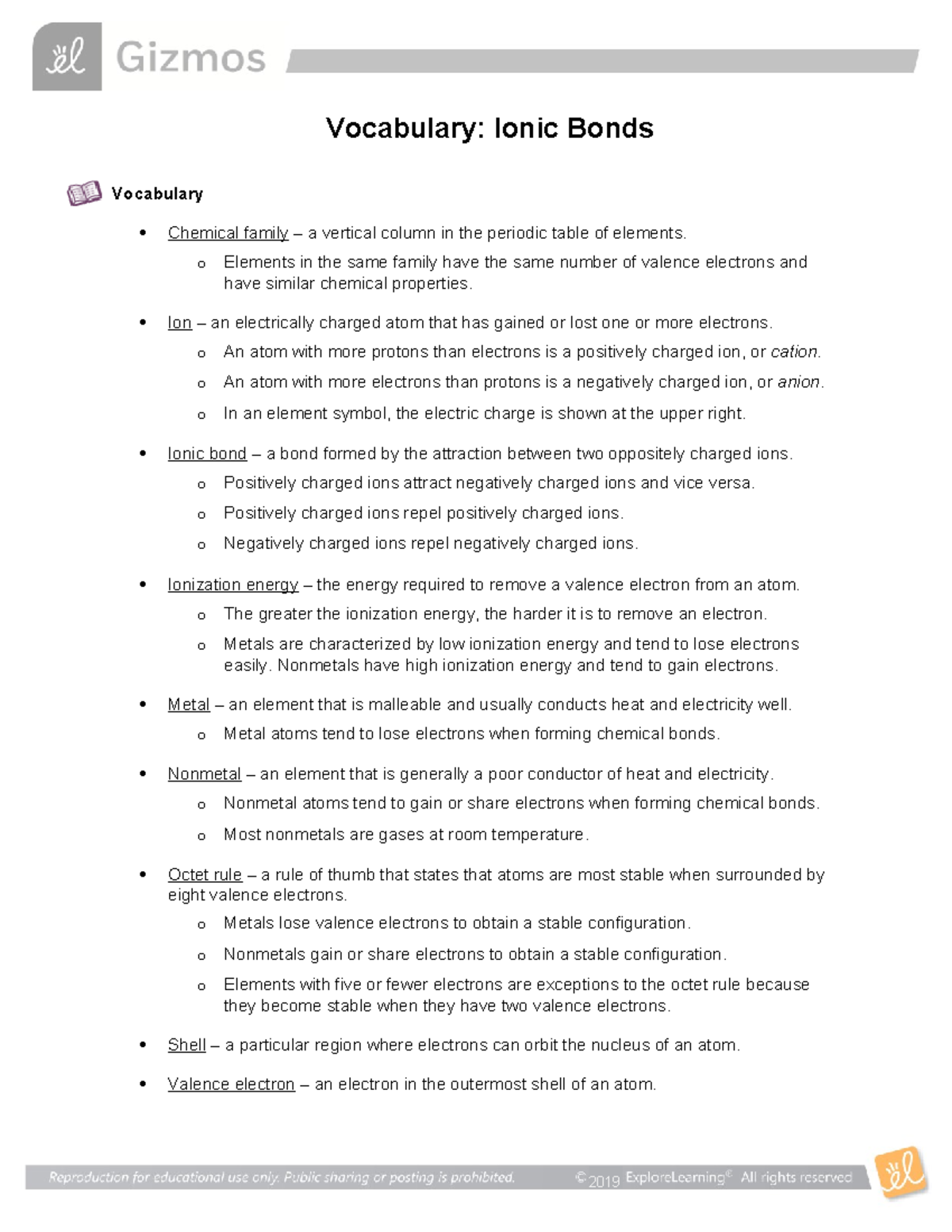 Ionic Bonds Vocab - 2019 Vocabulary: Ionic Bonds Vocabulary Chemical ...