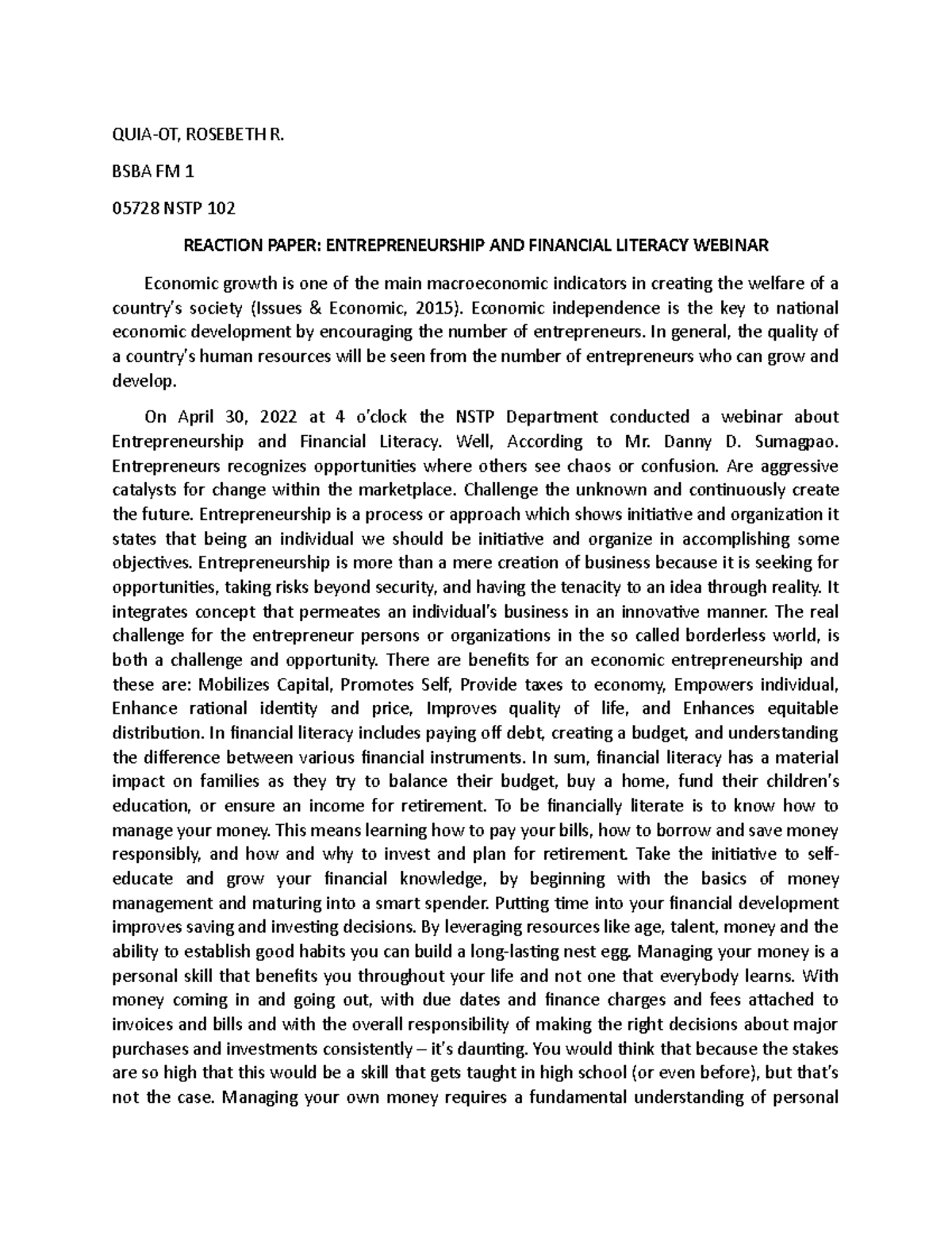 Reaction Paper ON Entrepreneurship AND Financial Literacy Webinar ...