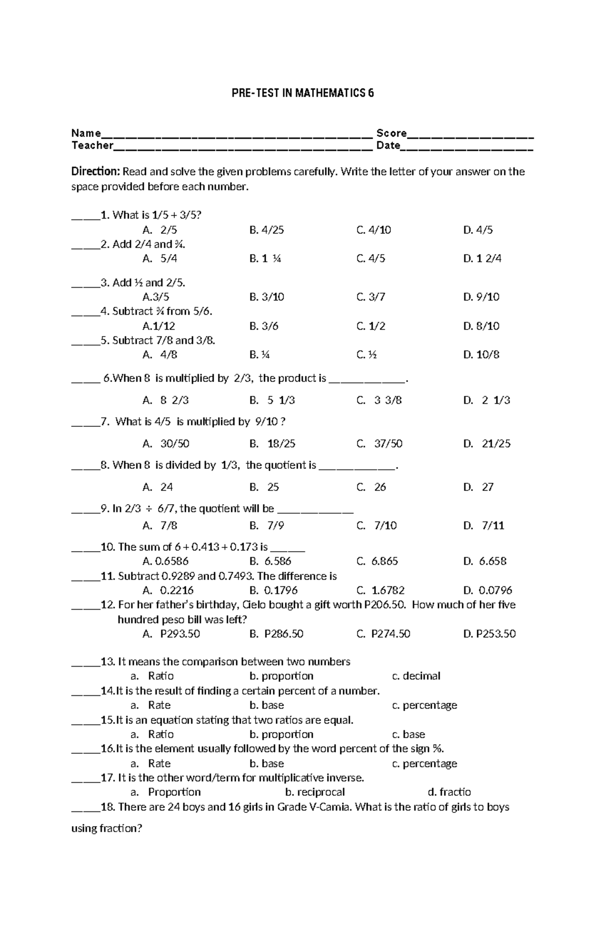 PRE-TEST Mathematics 6 - PRE-TEST IN MATHEMATICS 6 Name