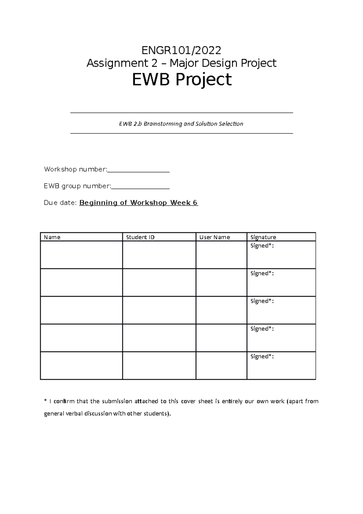 EWB 2.b Brainstorming Template - ENGR101/ Assignment 2 – Major Design Project EWB Project EWB 2 ...