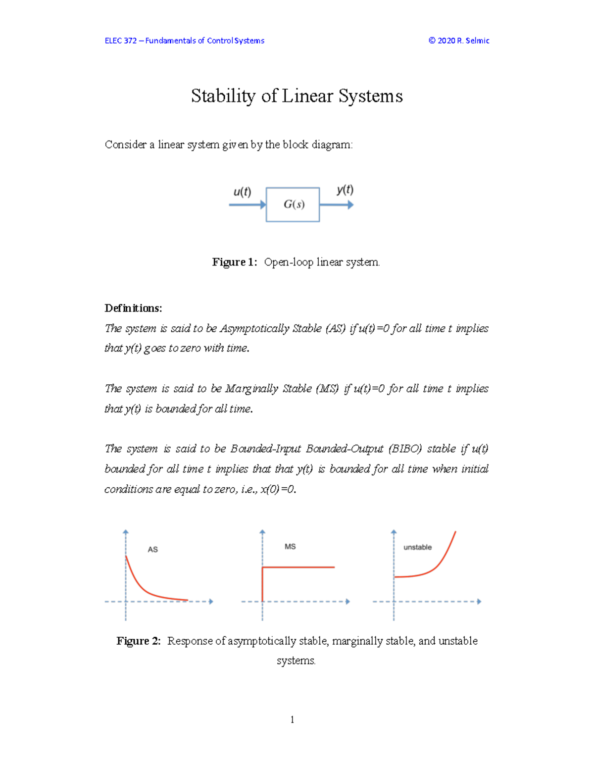 Stability of Lin Sys (Lecture 9) - Stability of Linear Systems Consider ...