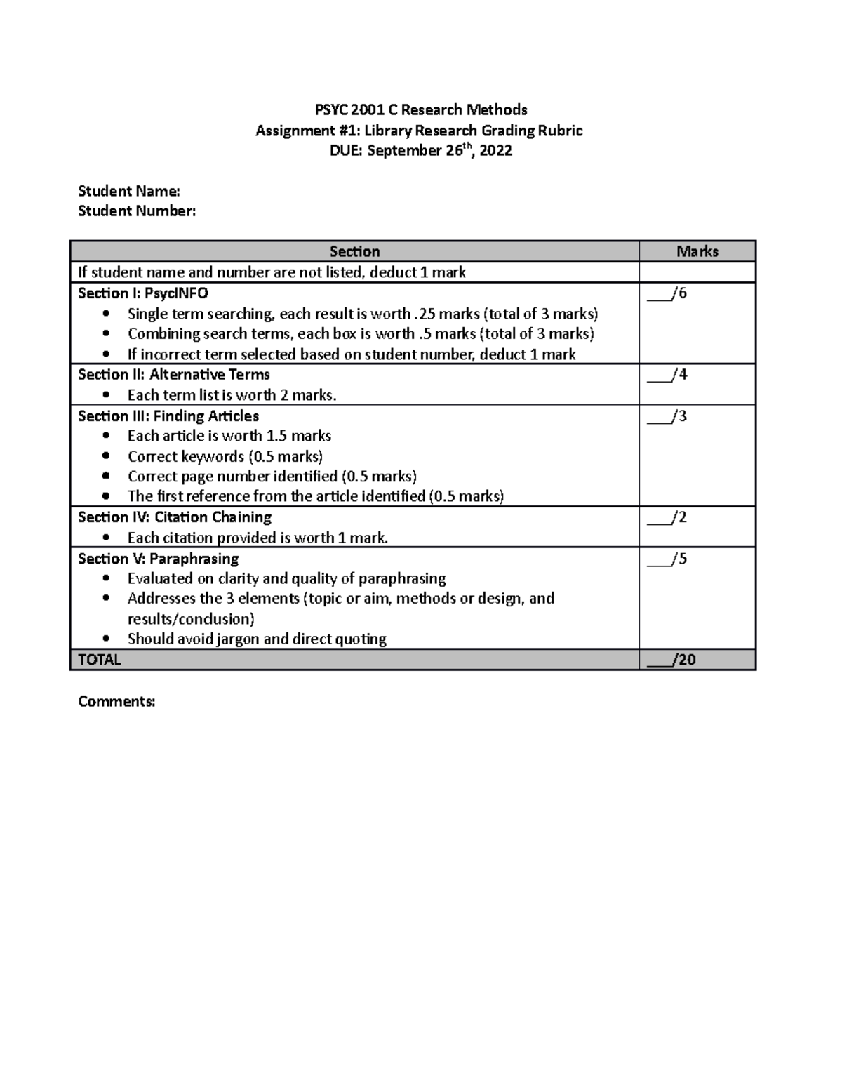 Assignment #1 - Grading Rubric - PSYC 2001 C Research Methods ...