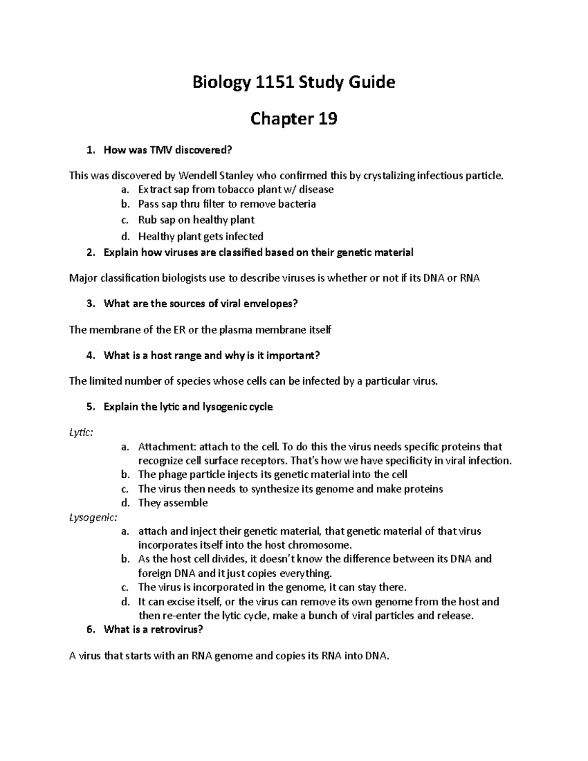 Chapter 19 Study Guide copy - Biology 1151 Study Guide Chapter 19 1 ...