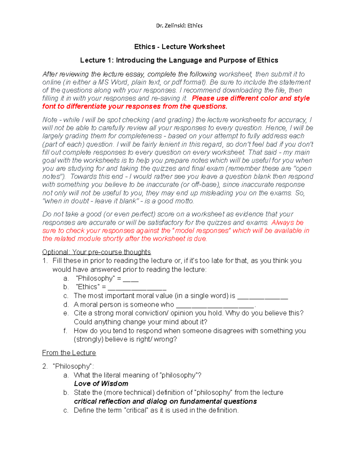 Worksheet - Lecture 1 - Intro Ethics - Sp2021-1 - Ethics - Lecture ...