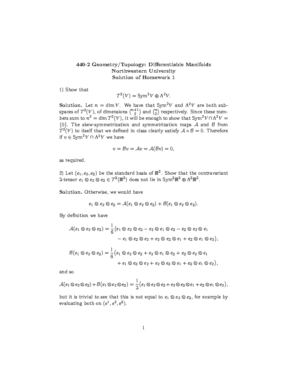 440-2 Geometry Topology- Differentiable Manifolds Homework 1 solution ...
