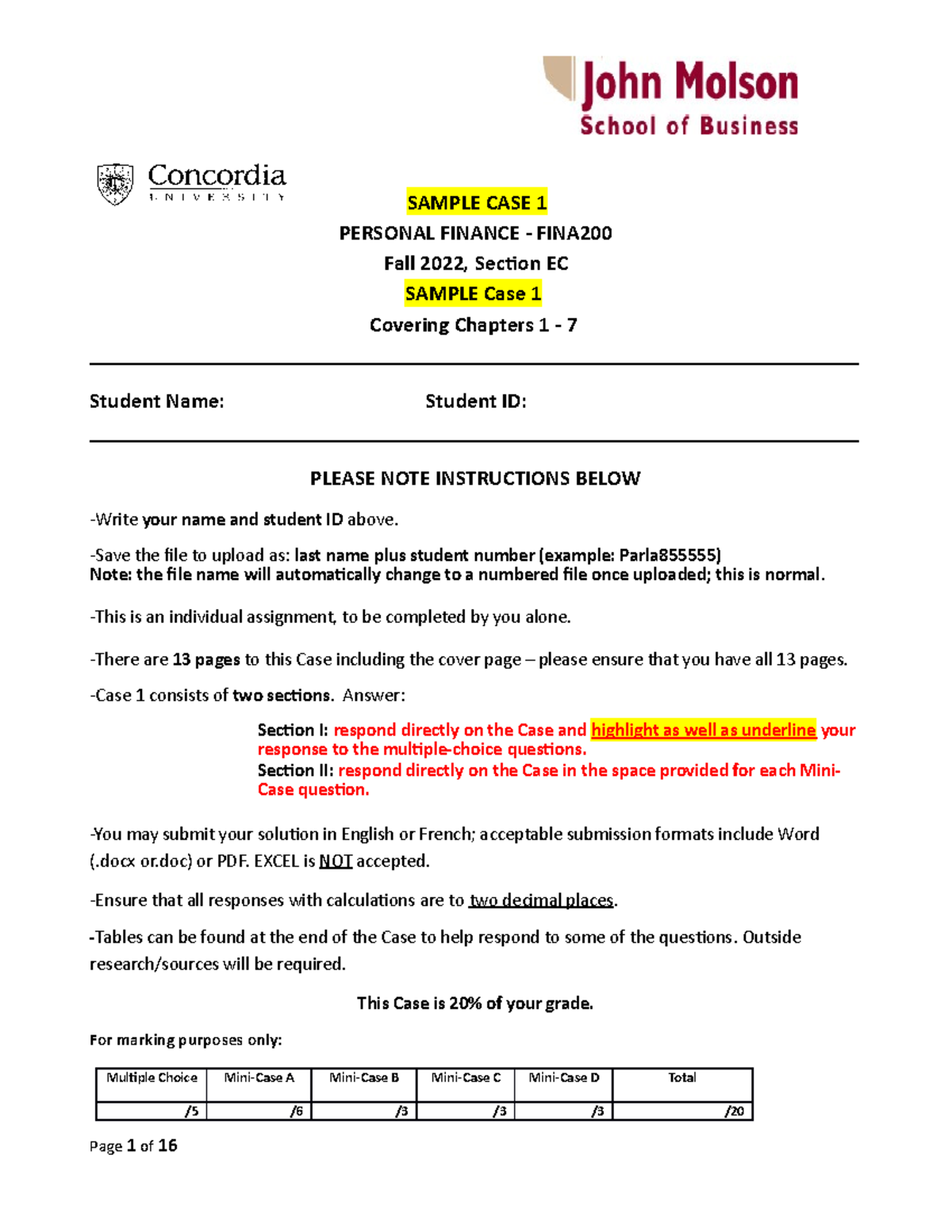 Sample Case 1 to practice - SAMPLE CASE 1 PERSONAL FINANCE - FINA Fall ...