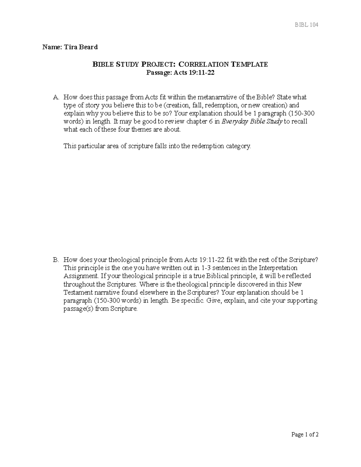 Bible Study Project Correlation - BIBL 104 Name: Tira Beard BIBLE STUDY ...