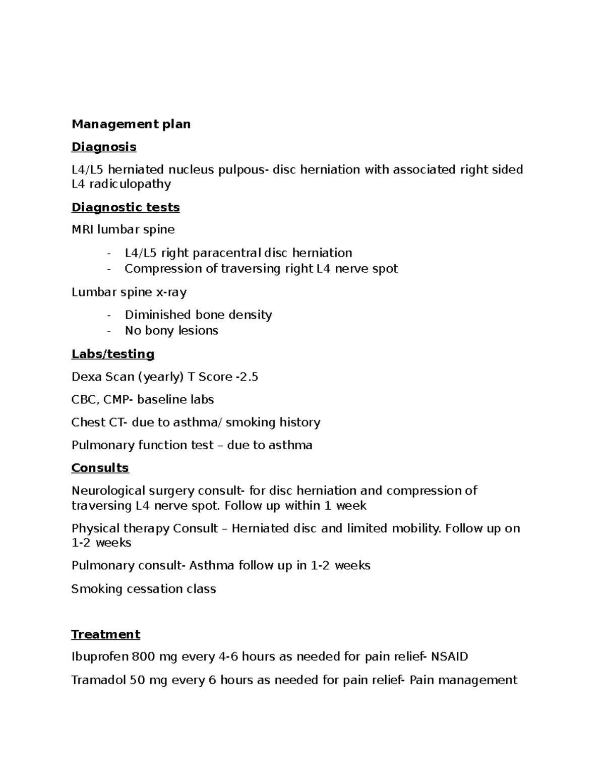 Management plan - ihuman - Management plan Diagnosis L4/L5 herniated ...