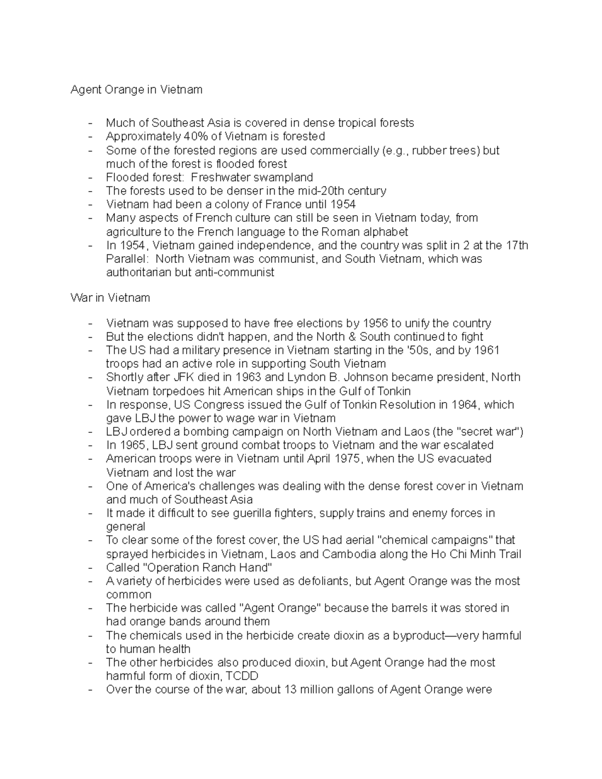 Agent Orange in Vietnam Notes - Agent Orange in Vietnam Much of ...