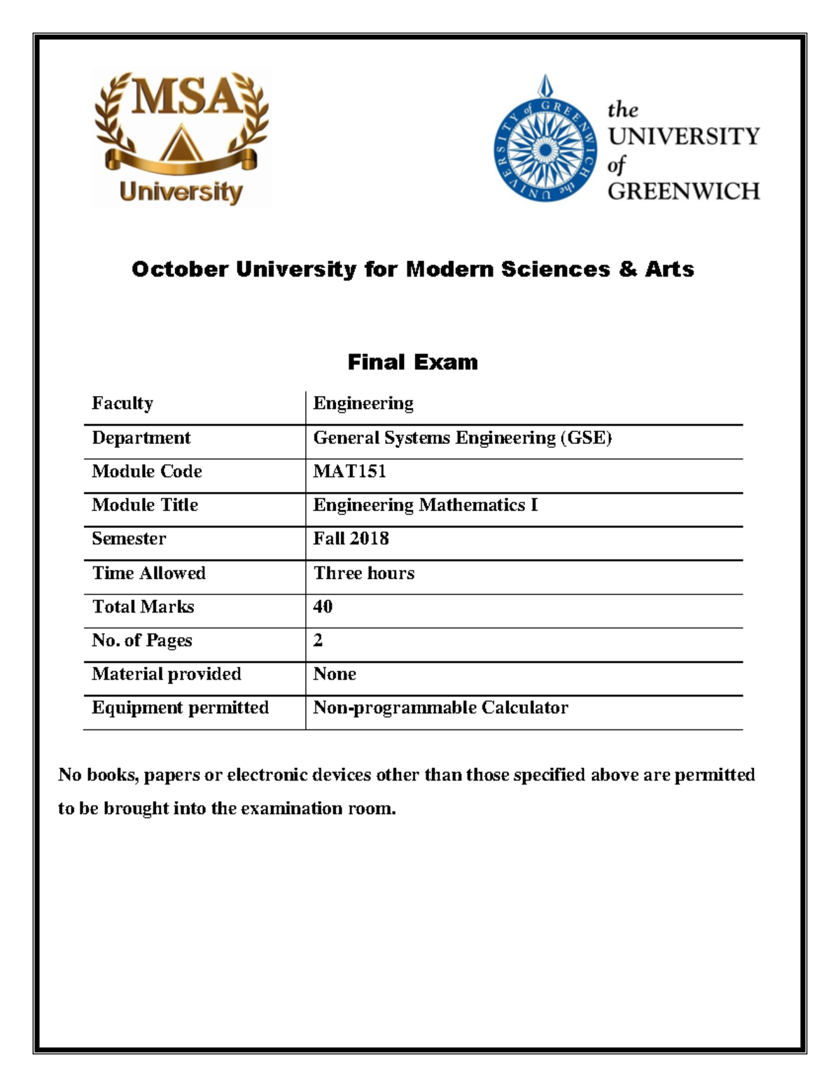 MAT151 Final Fall2018 v5 - October University for Modern Sciences ...
