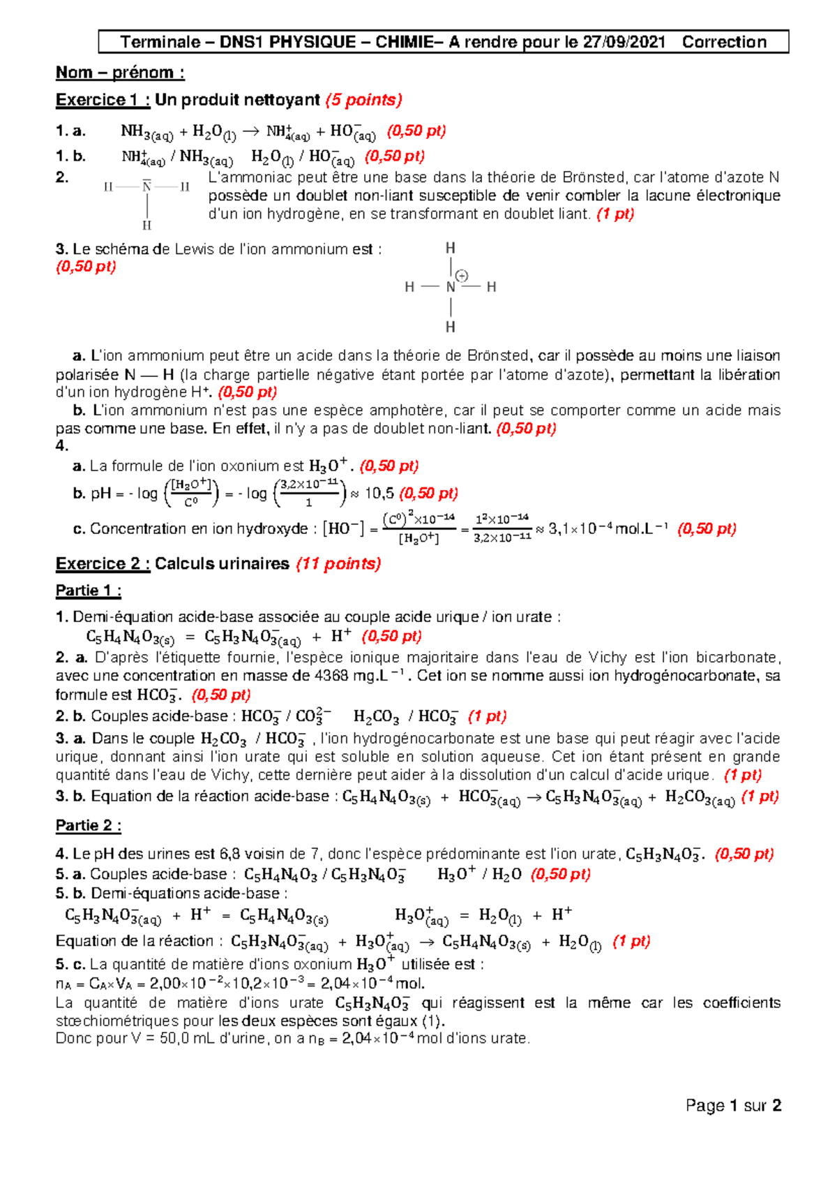 DNS1 T spé 2021-22 - Correction - Page 1 sur 2 Terminale – DNS1 PHYSIQUE – CHIMIE– A rendre pour ...