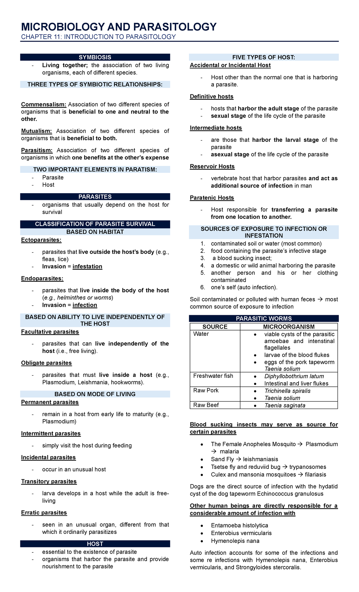 Micro Chapter 11 - CHAPTER 11: INTRODUCTION TO PARASITOLOGY SYMBIOSIS Living together; the - Studocu