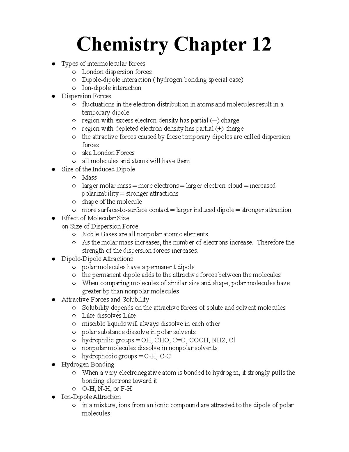 Chem notes chap 12 - Chemistry Chapter 12 Types of intermolecular ...