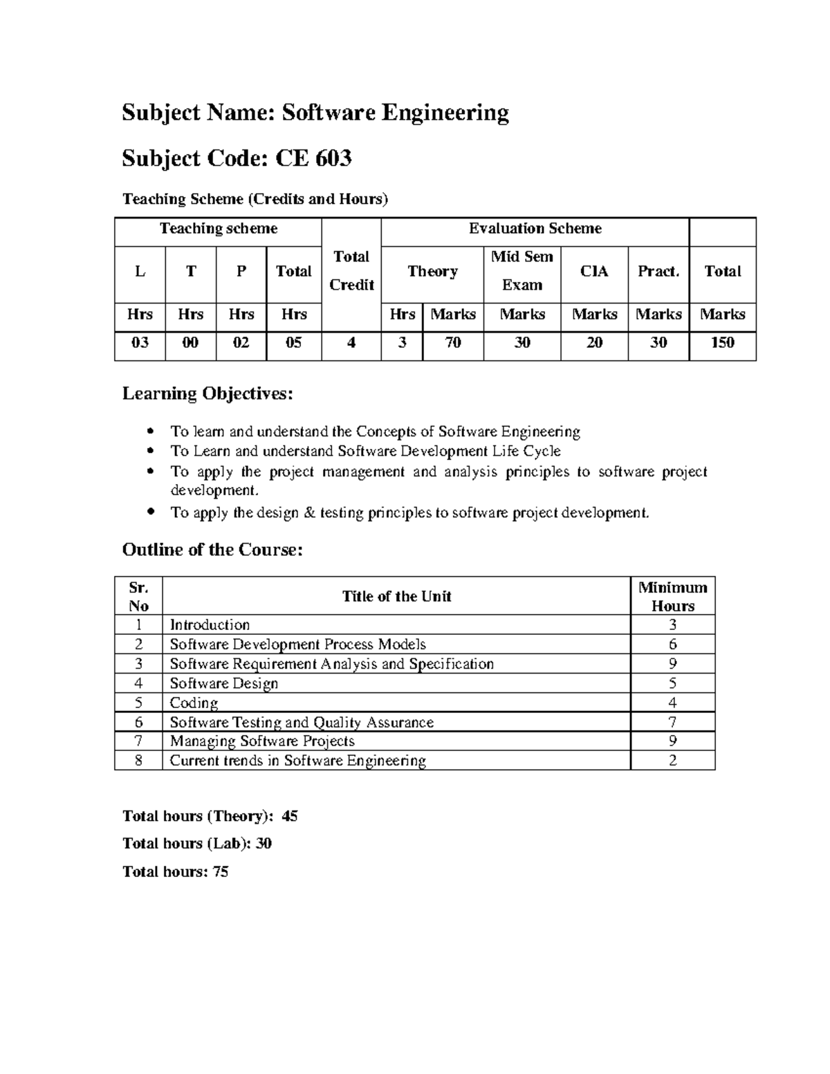 CE603 - Software Engineering - Subject Name: Software Engineering Subject Code: CE 603 Teaching ...